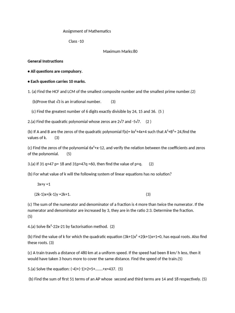 Maths Assignment Class 10 | PDF | Polynomial | Quadratic Equation
