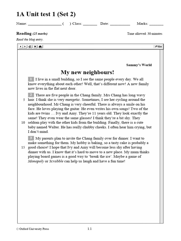 Unit Test 1: Reading & Vocabulary | PDF | Adverb | Adjective