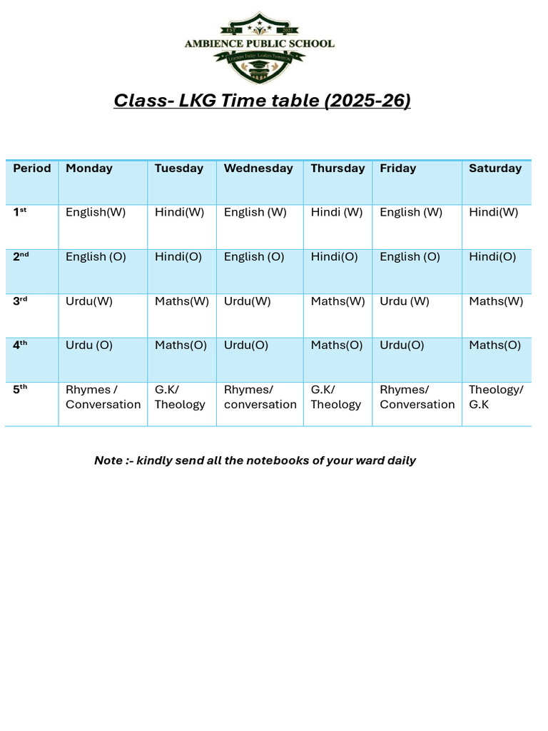LKG Timetable 2025-26 Overview | PDF