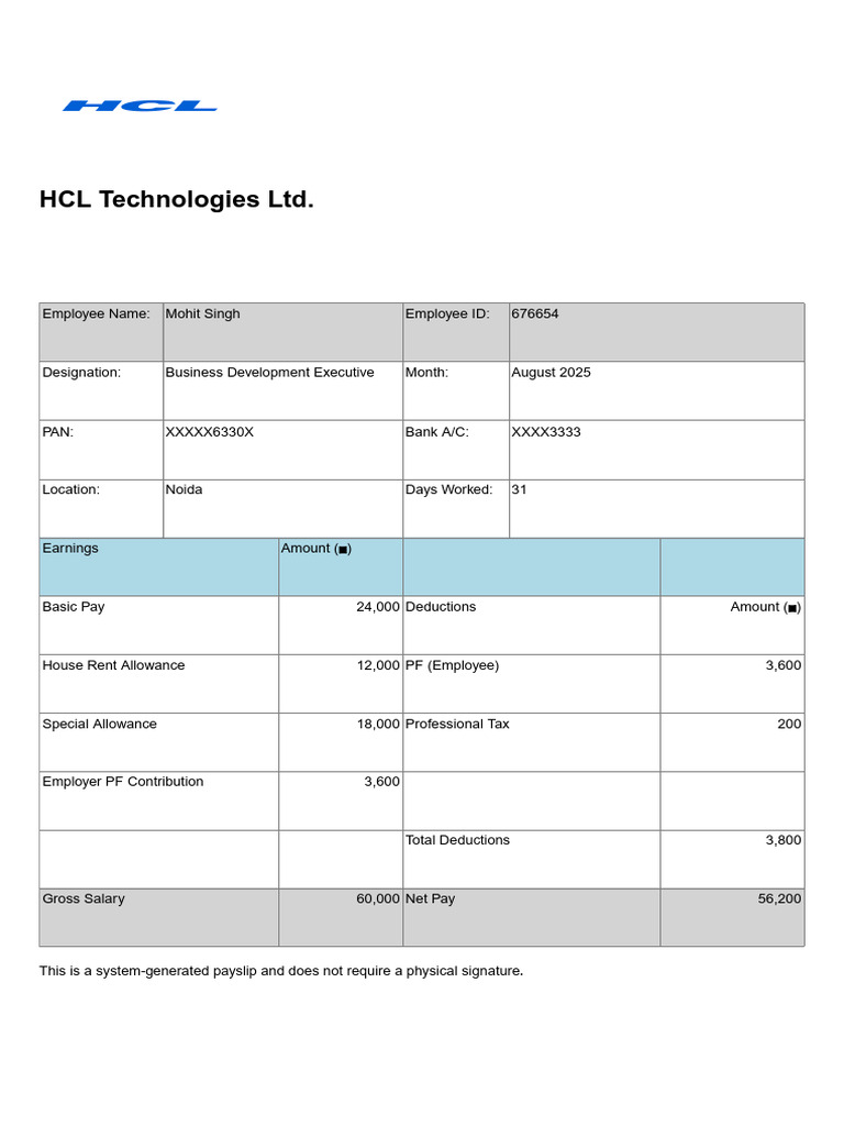 HCL Salary Slip Mohit Singh | PDF