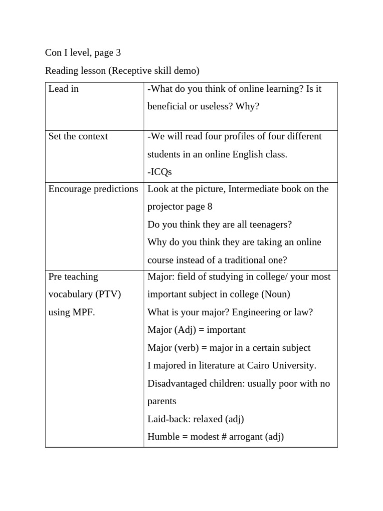 Reading Lesson (Receptive Skill Lesson Plan) | PDF