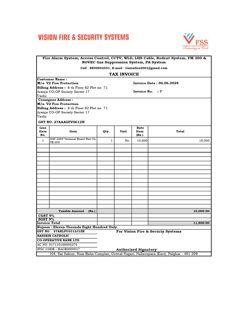 Invoice for V2 Fire Protection Services | PDF