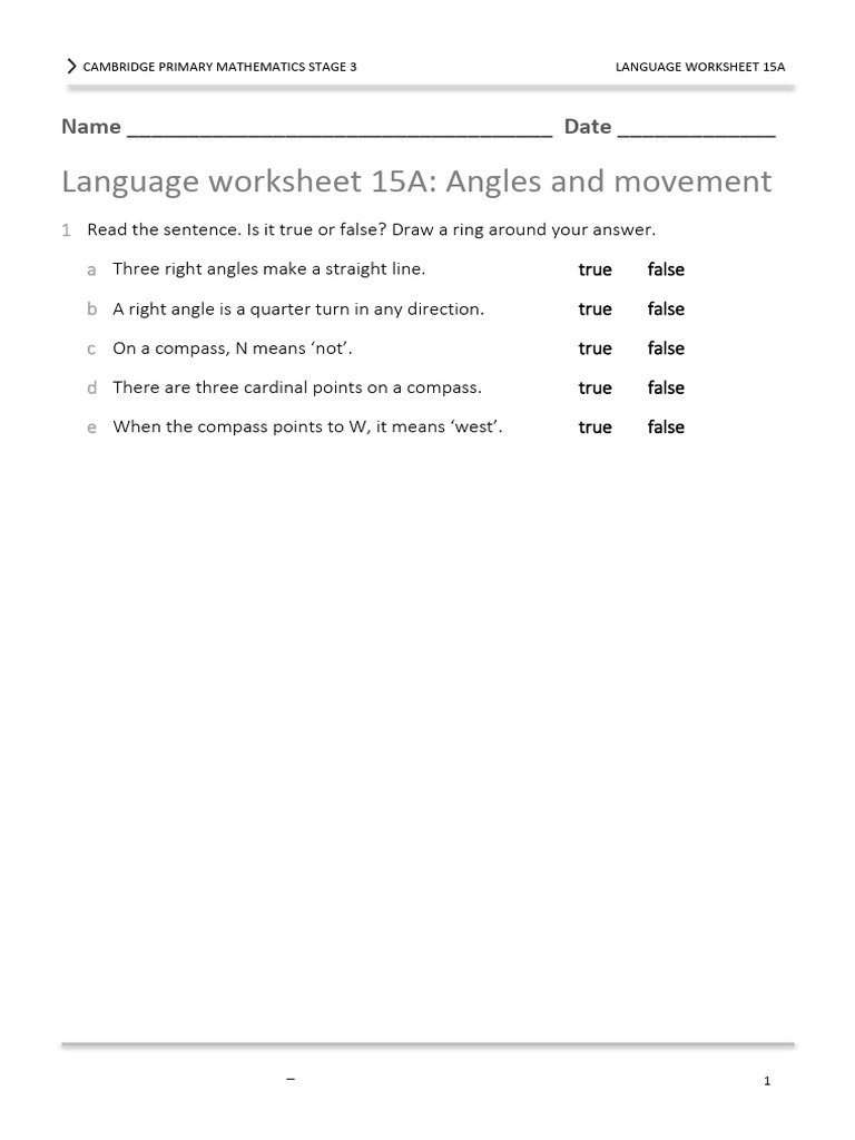 Cambridge Primary Math Worksheet: Angles | PDF