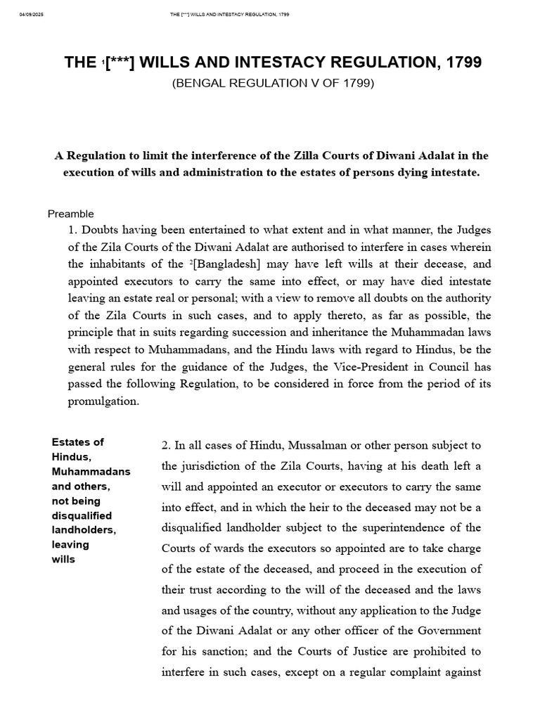 Wills and Intestacy Regulation 1799 | PDF | Intestacy | Will And Testament