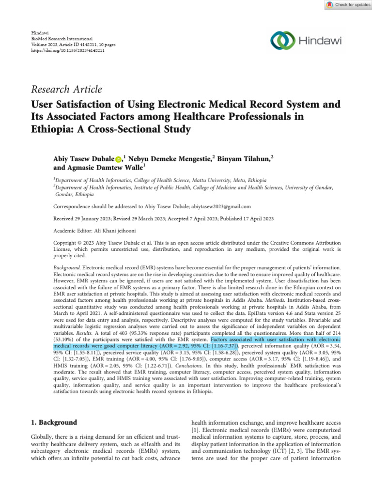 BioMed Research International - 2023 - Dubale - User Satisfaction of ...