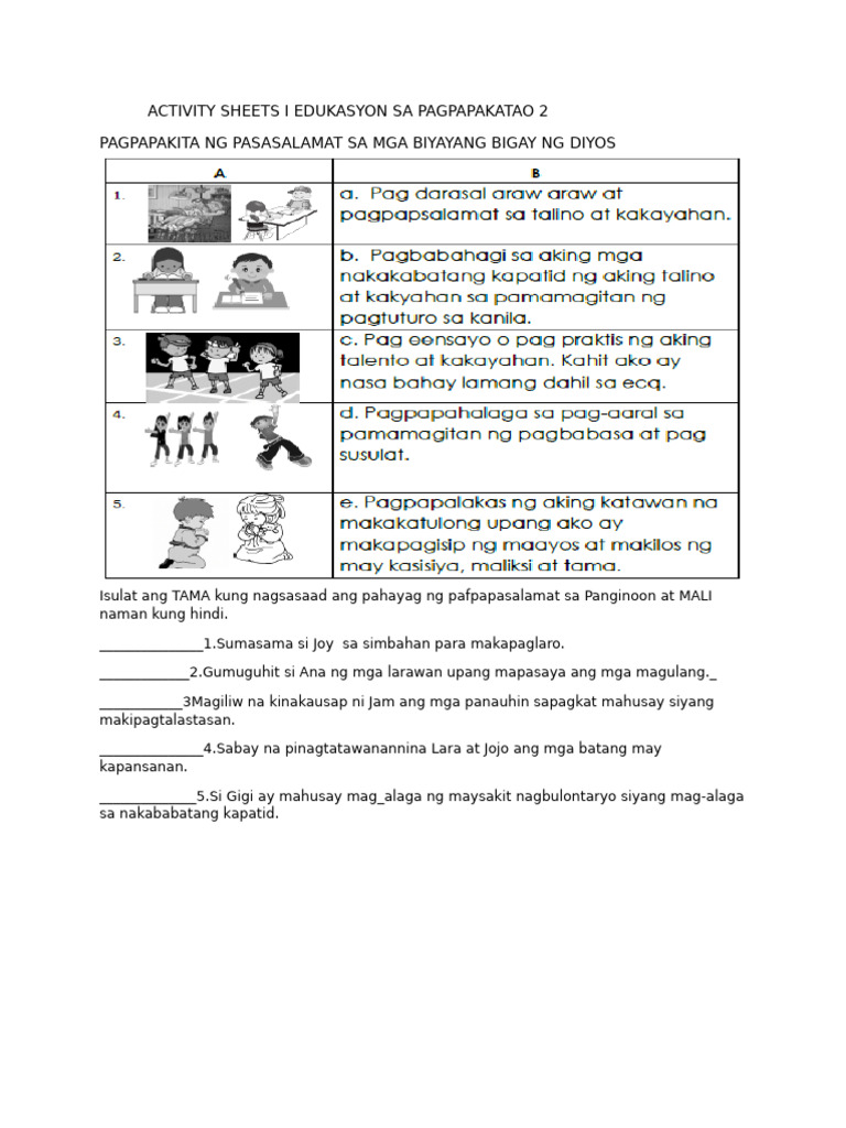 Activity Sheets I Edukasyon Sa Pagpapakatao 2 | PDF