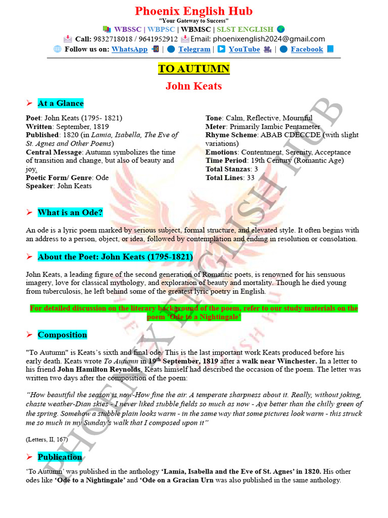 Ode To Autumn - Study Material | PDF | Poetry | John Keats