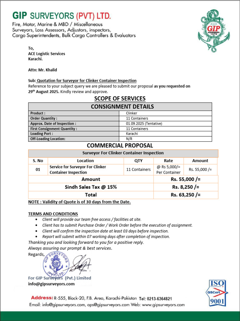 REF-110-Quotation For Surveyor For Clinker Container Inspection | PDF