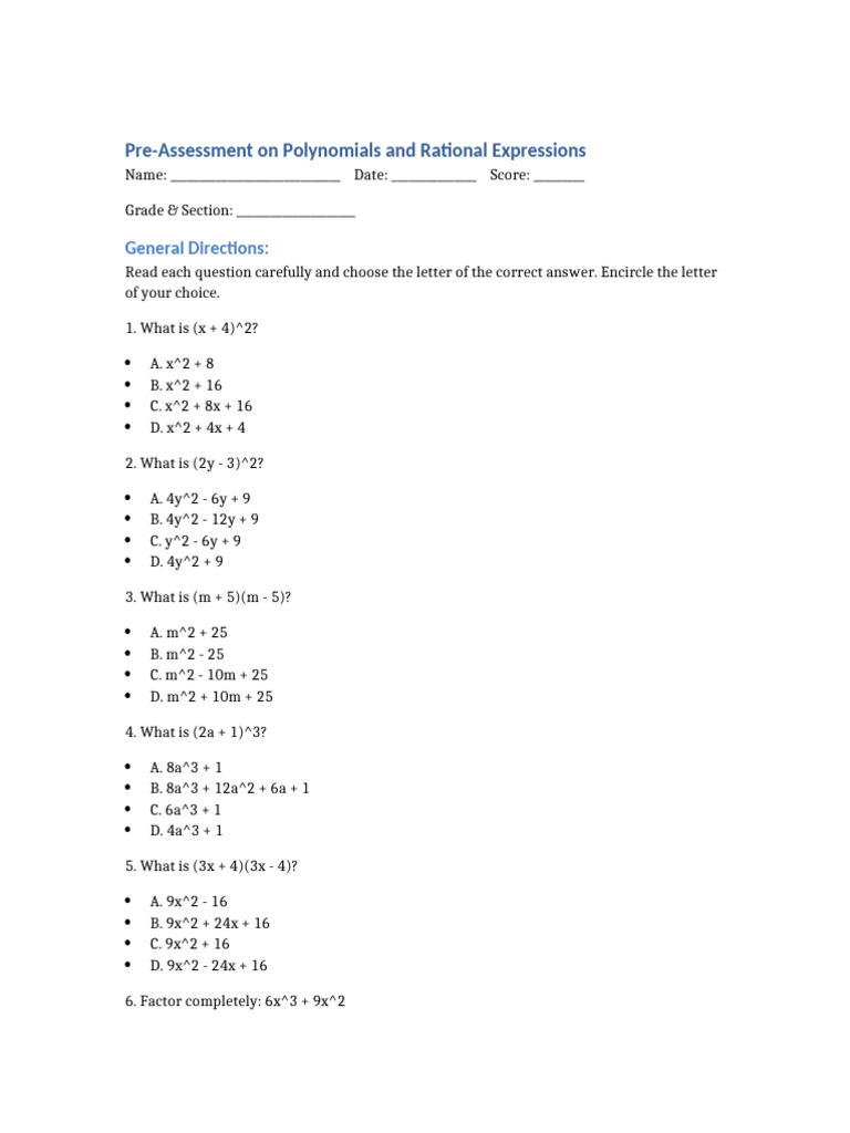 Pre Assessment Polynomials | PDF | Number Theory | Discrete Mathematics