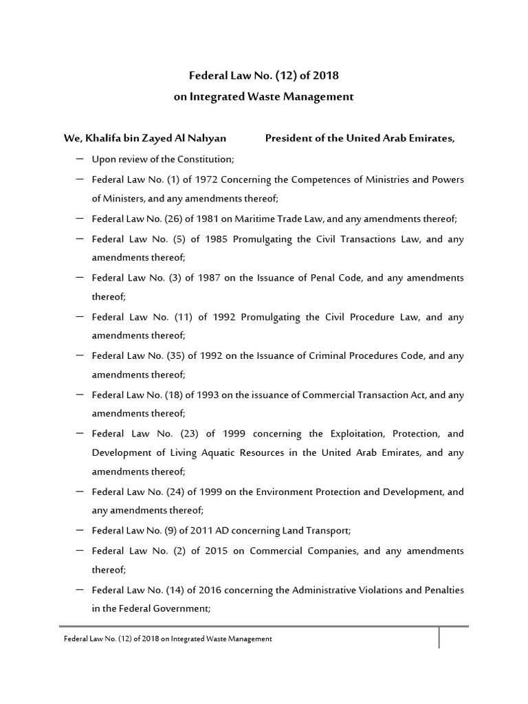 UAE Federal Law No. 12 on Waste Management | PDF | Waste | Waste Management