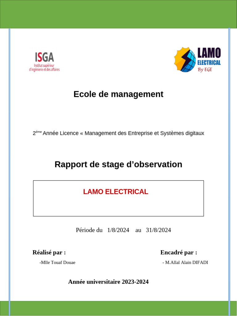 Rapport de Stage chez Lamo Electrical | PDF | Taxe sur la valeur ...