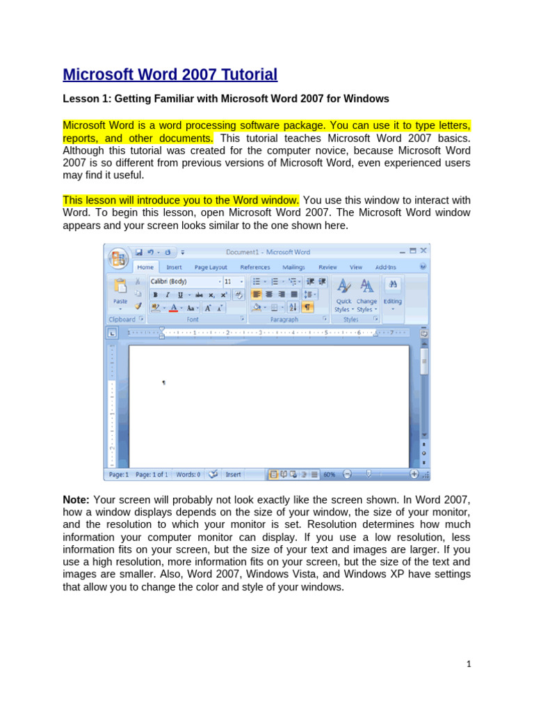 1. Microsoft Word 2007 Tutorial | PDF | Microsoft Word | Window (Computing)
