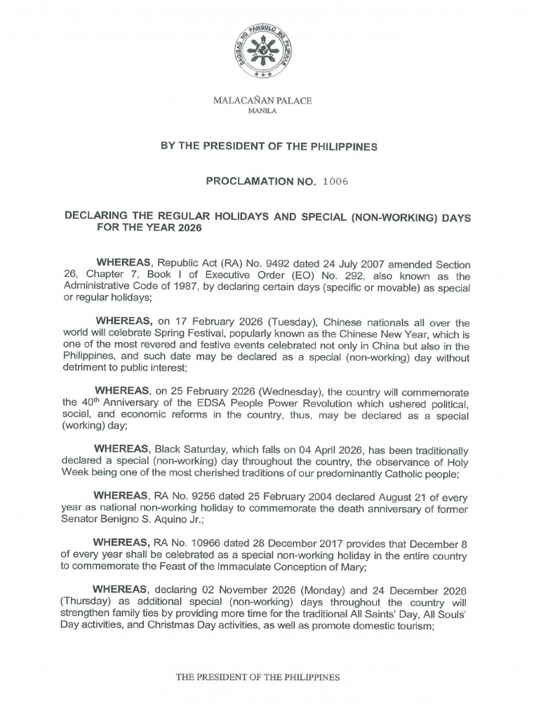 Philippine Holidays 2026 Proclamation | PDF