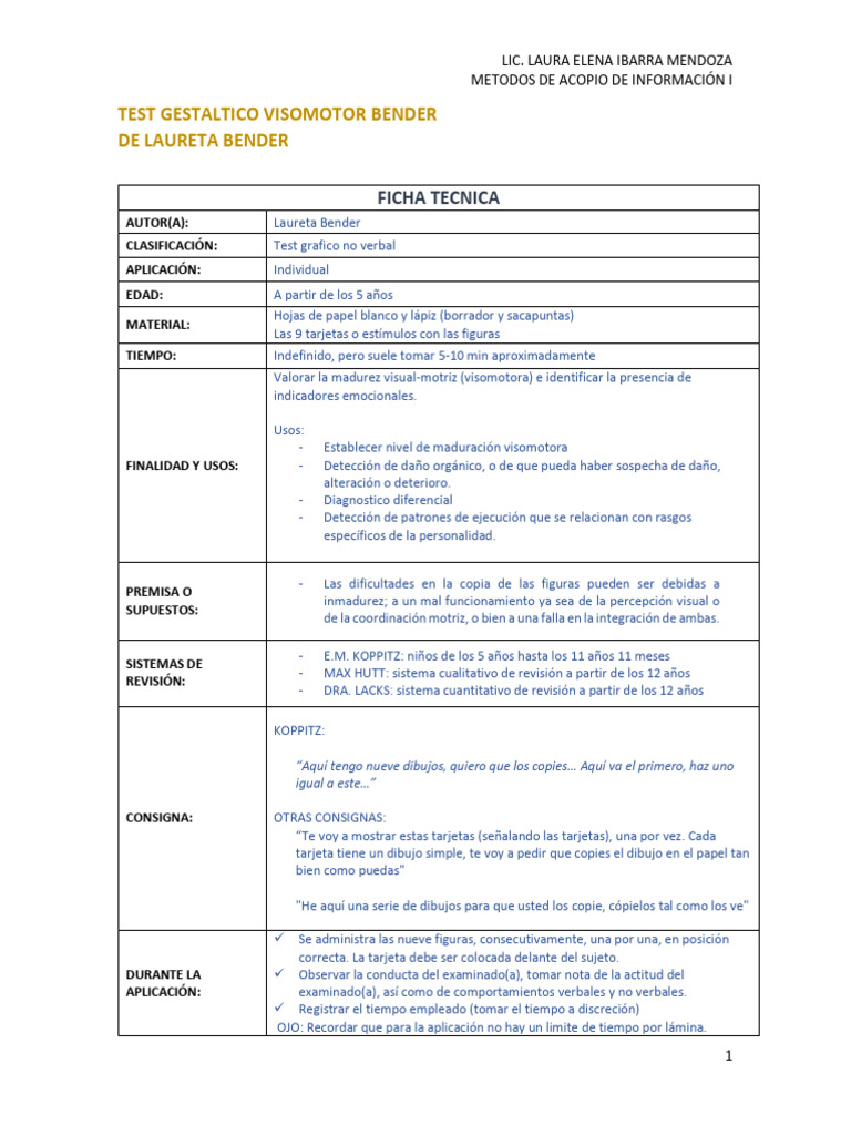 Ficha Tecnica Bender | PDF | Neurociencia | Cognición