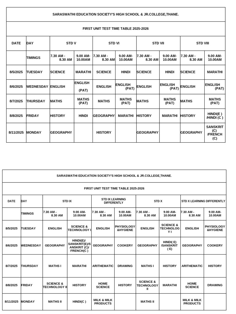 First Unit Test Timetable 2025-2026 | PDF