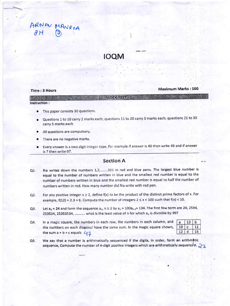 IOQM Mock Test 1 | PDF