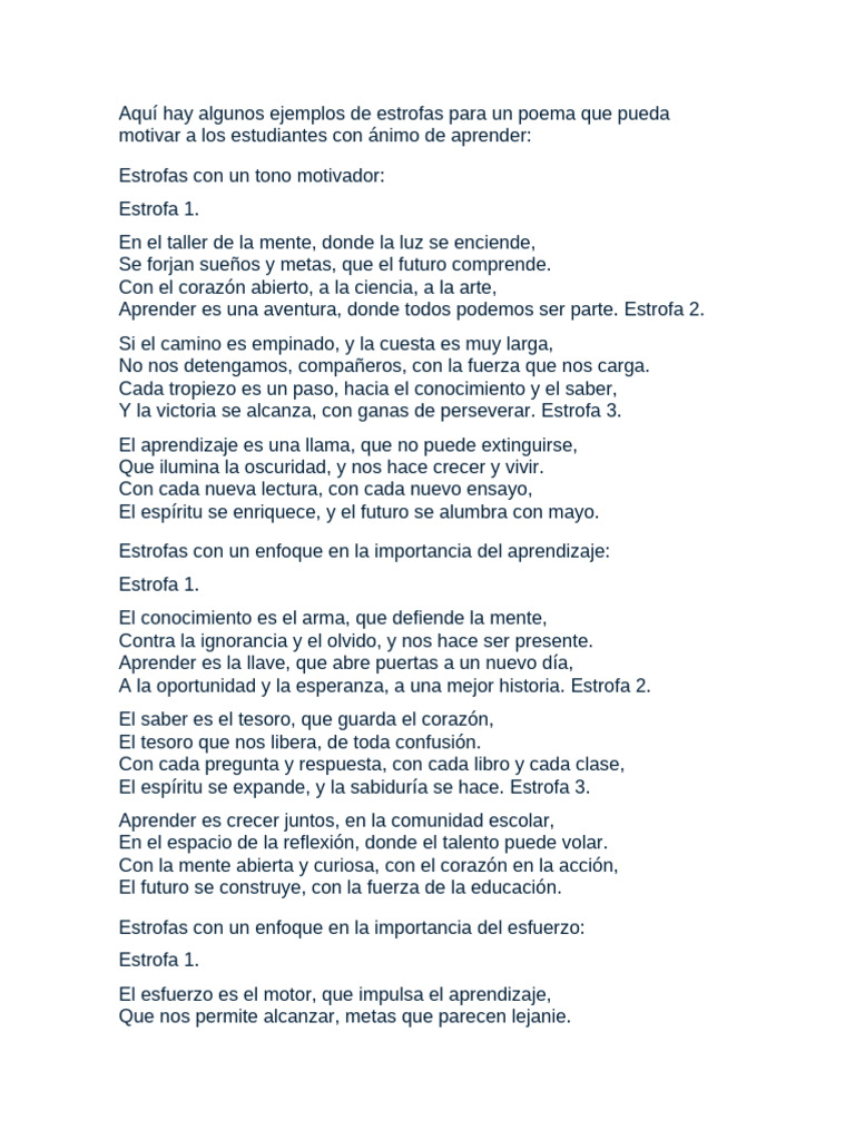 Aquí Hay Algunos Ejemplos de Estrofas para Un Poema Que Pueda Motivar A ...