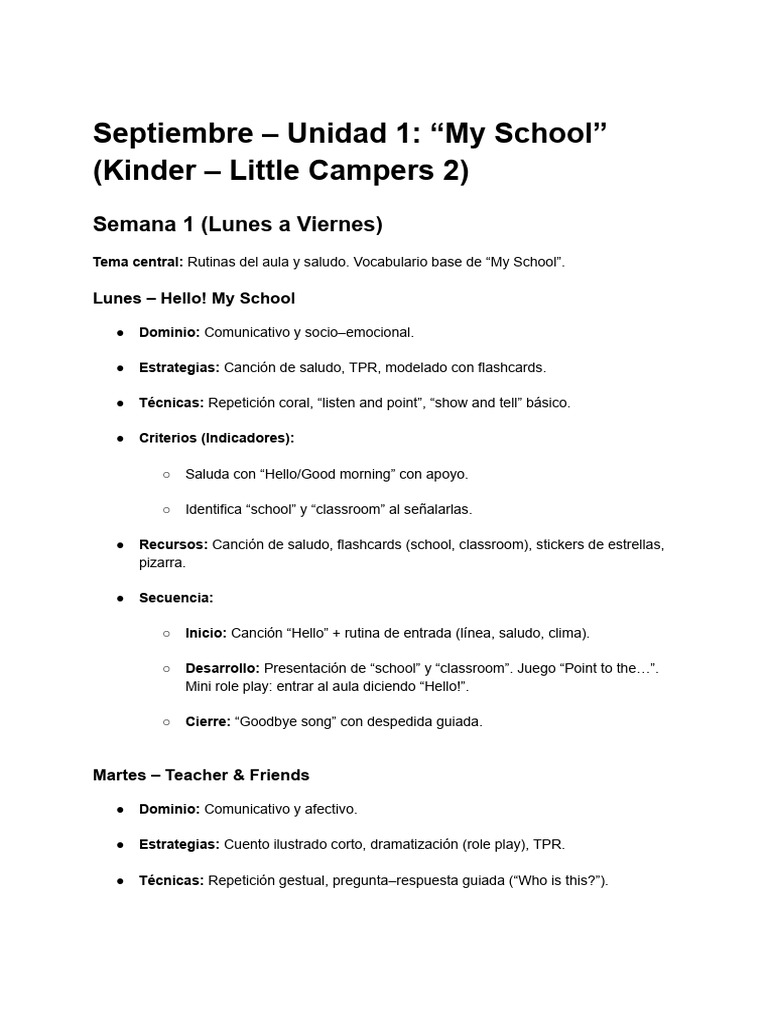 Planificación Diaria - Kinder - Septiembre - Unidad 1 - "My School ...