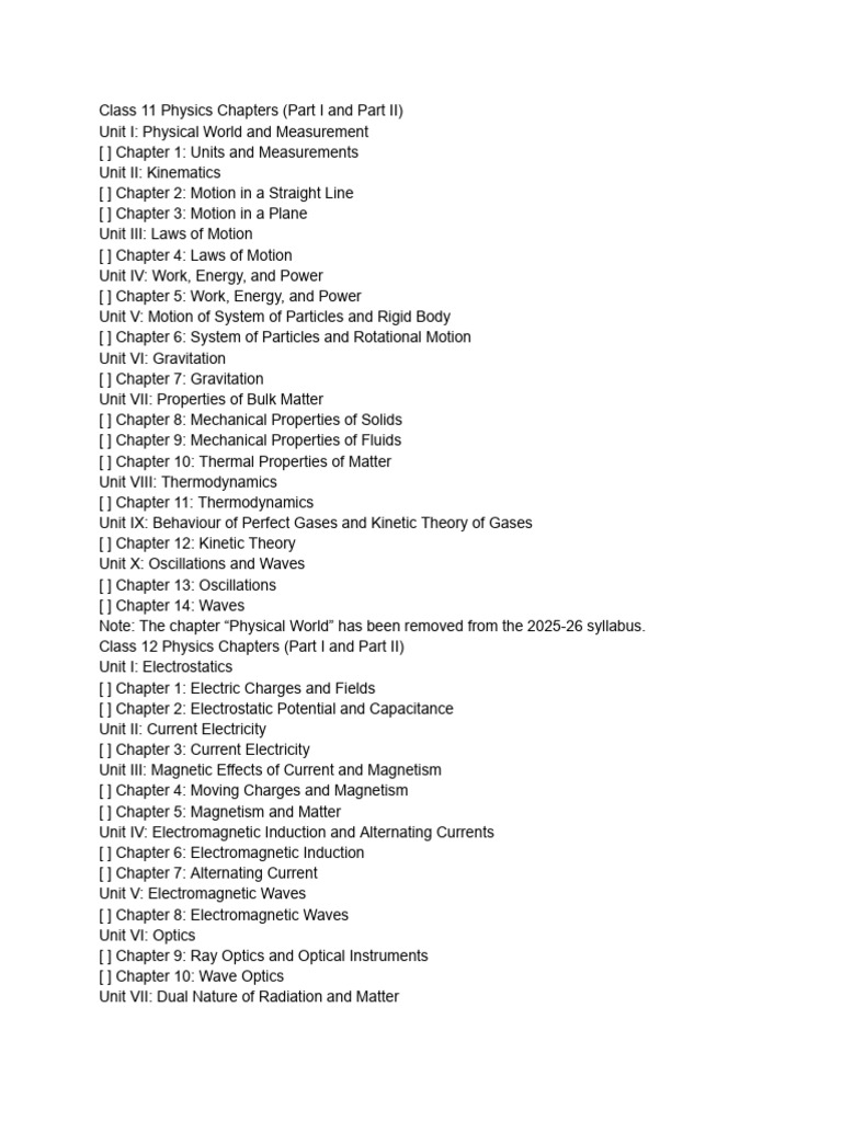Class 11 Physics Chapters (Part I and Part II) | PDF