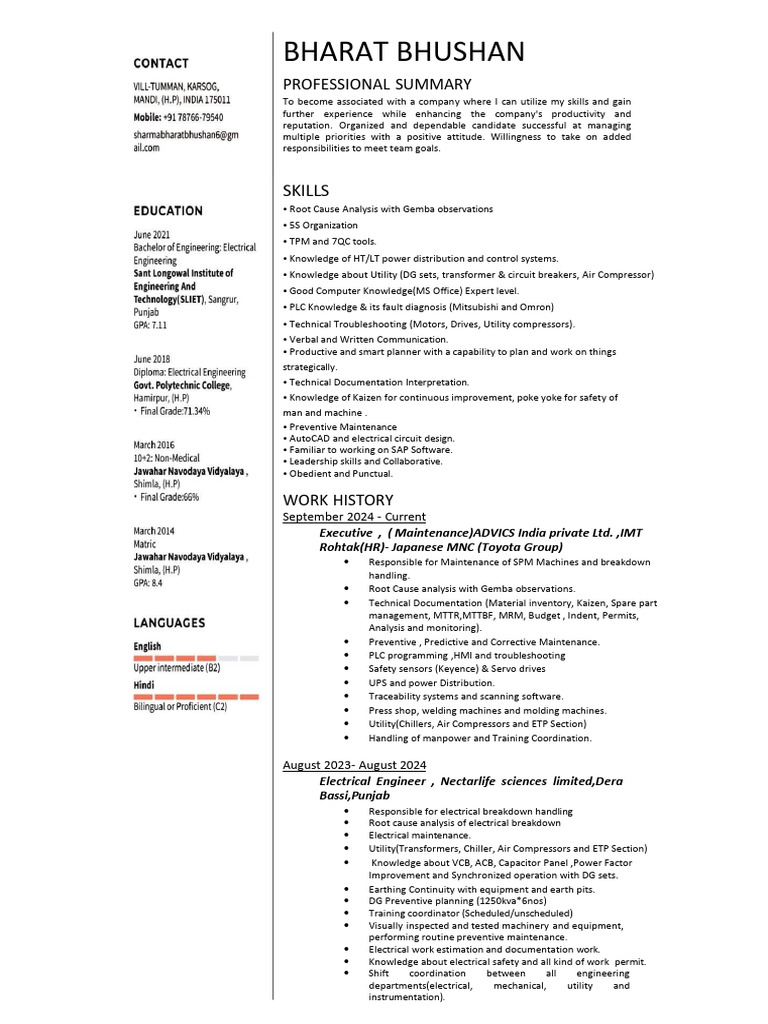 Bharat Bhushan Resume | PDF | Electricity | Mechanical Engineering