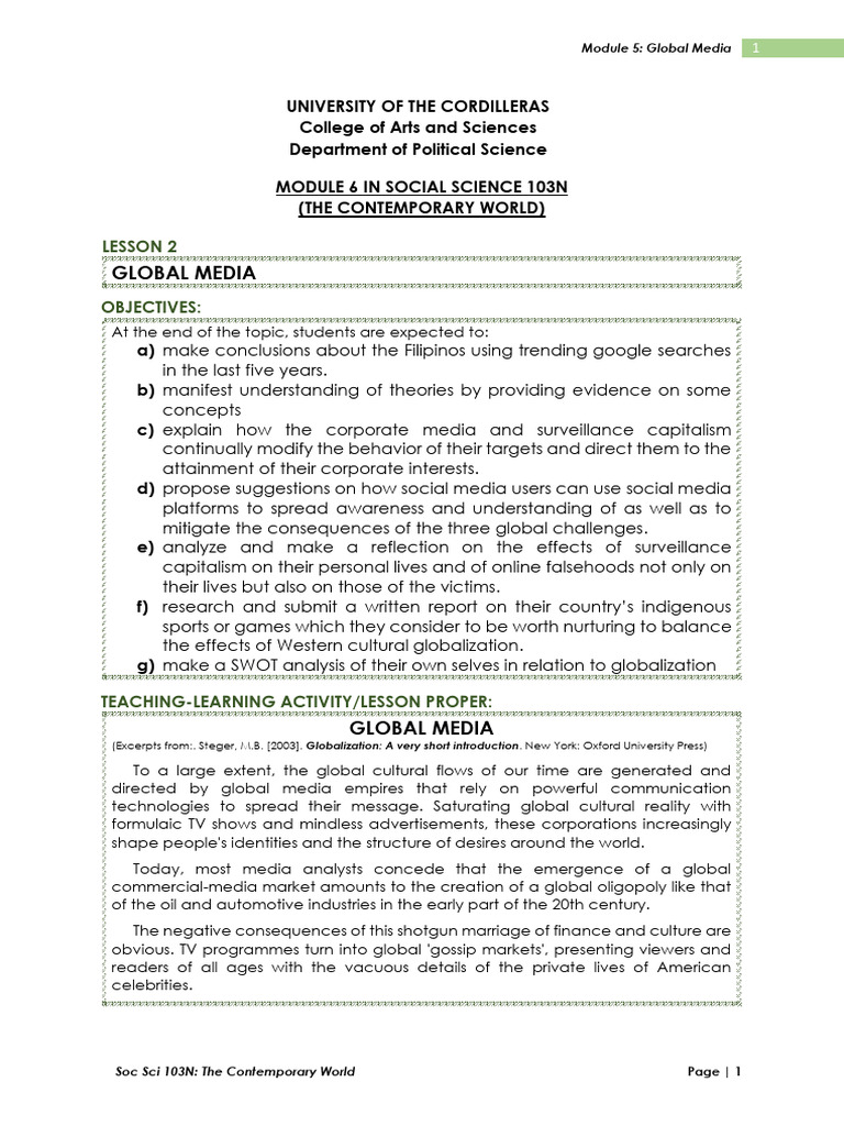 SOC SCI 103N MODULE 6 Lesson 2 Global Media | PDF