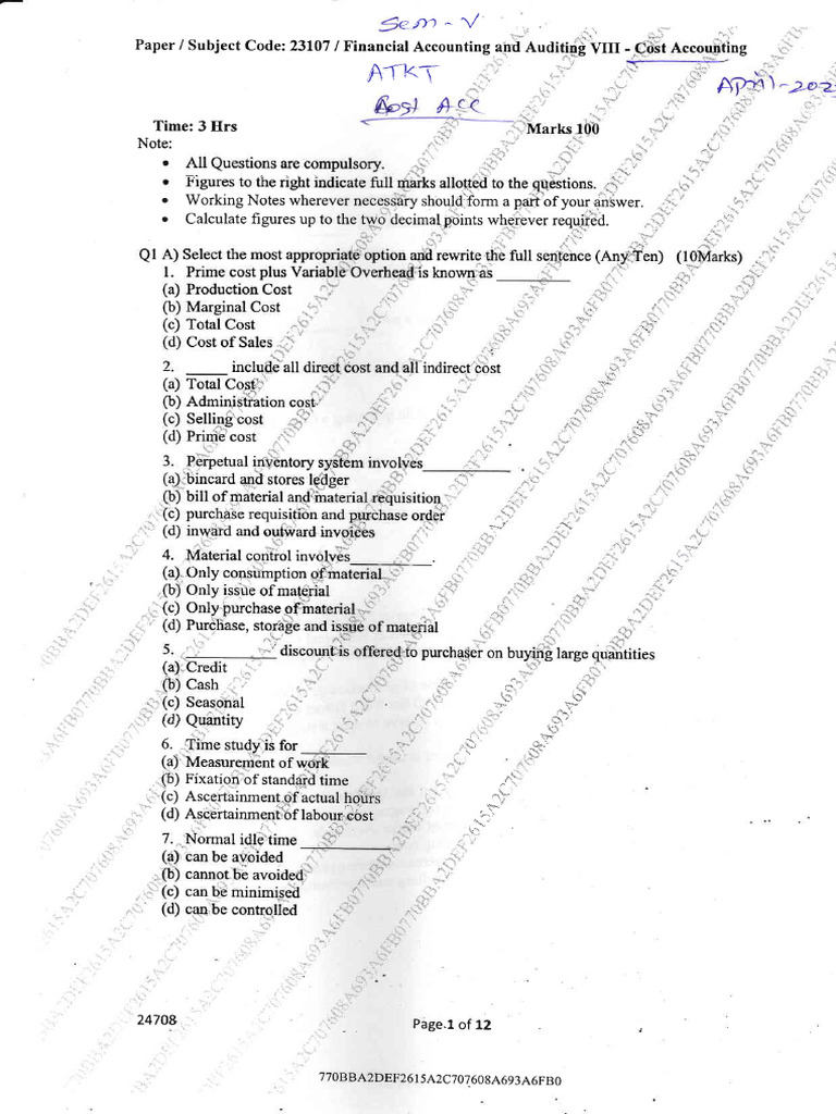 TYBCOM SEM 5 Cost Accounting - April 2023 (ATKT) | PDF | Accounting | Business Economics