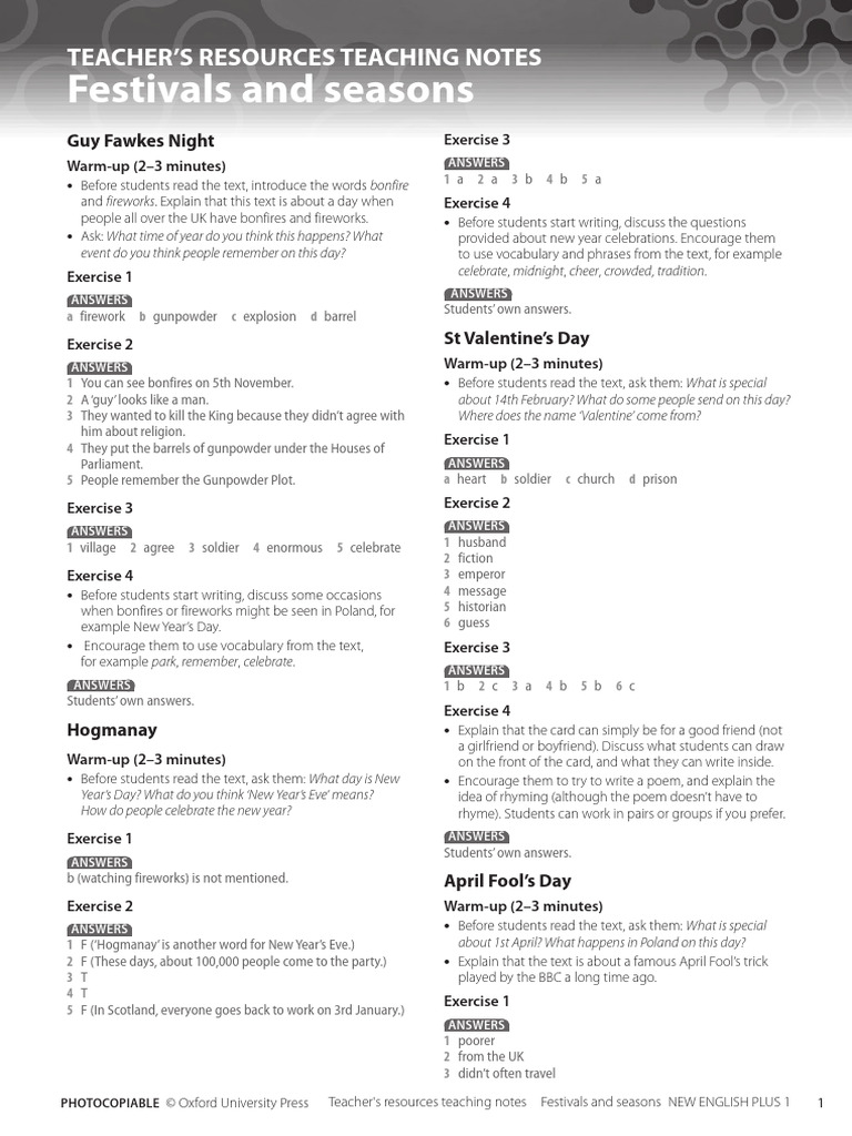 New English Plus 1 Festivals and Seasons Teaching Notes1 | PDF | Fireworks