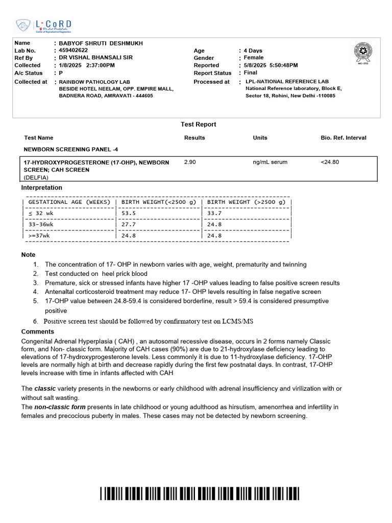Newborn Screening Test Results Report | PDF | Hypothyroidism | Medical ...