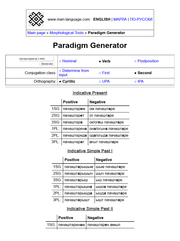 Conjugation of ''пачаштараш'' in Meadow Mari (mari-language.univie.ac ...