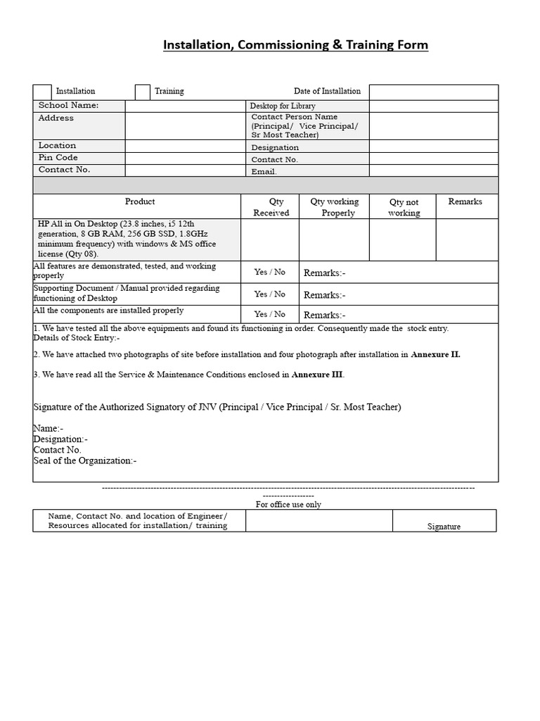 Installation & Training Form for Library Desktops | PDF
