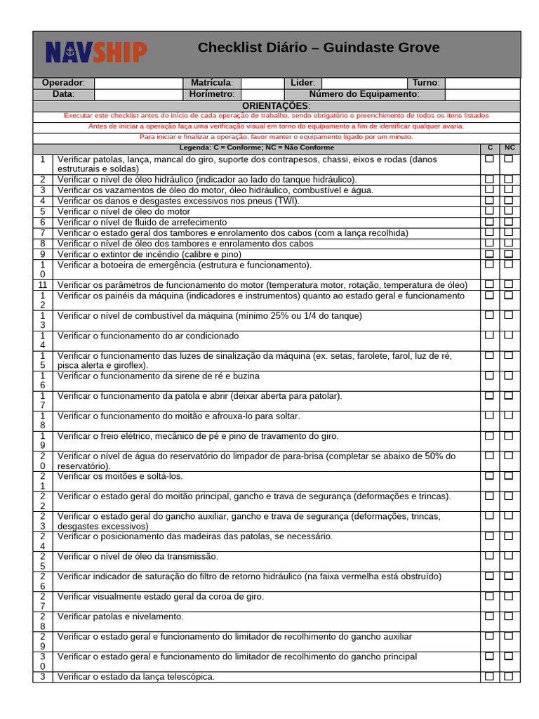 Checklist Diário GUINDASTE GROVE | PDF | Motores