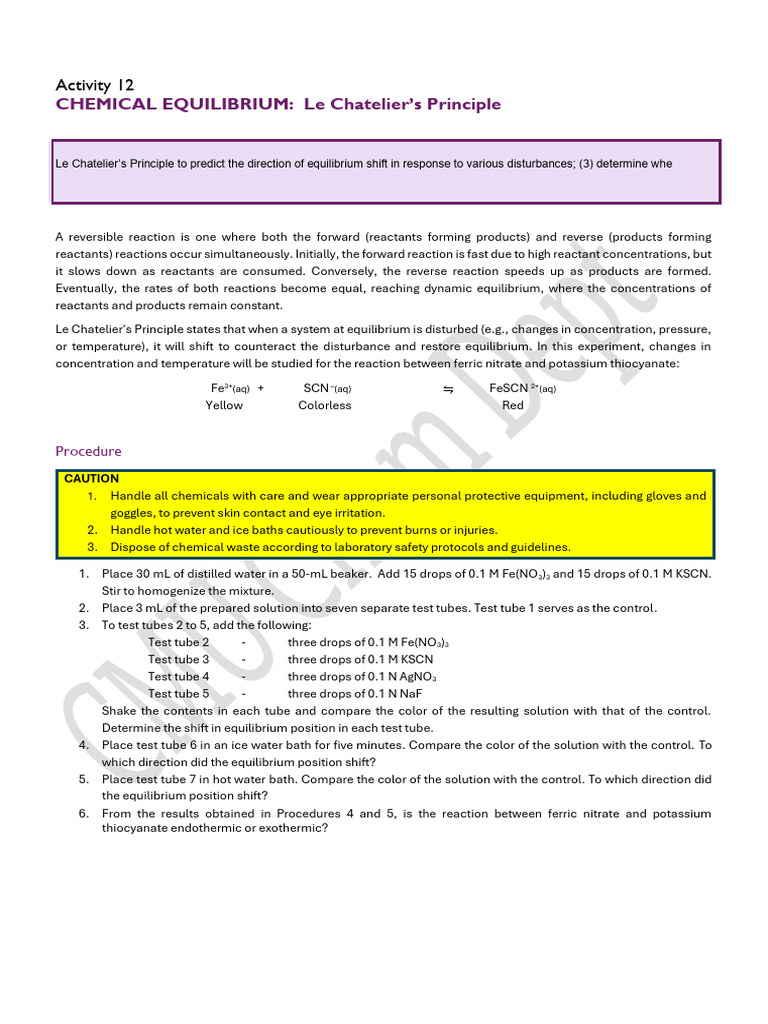 Activity 12. Chemical Equilibrium Le Chateliers Principle | PDF ...