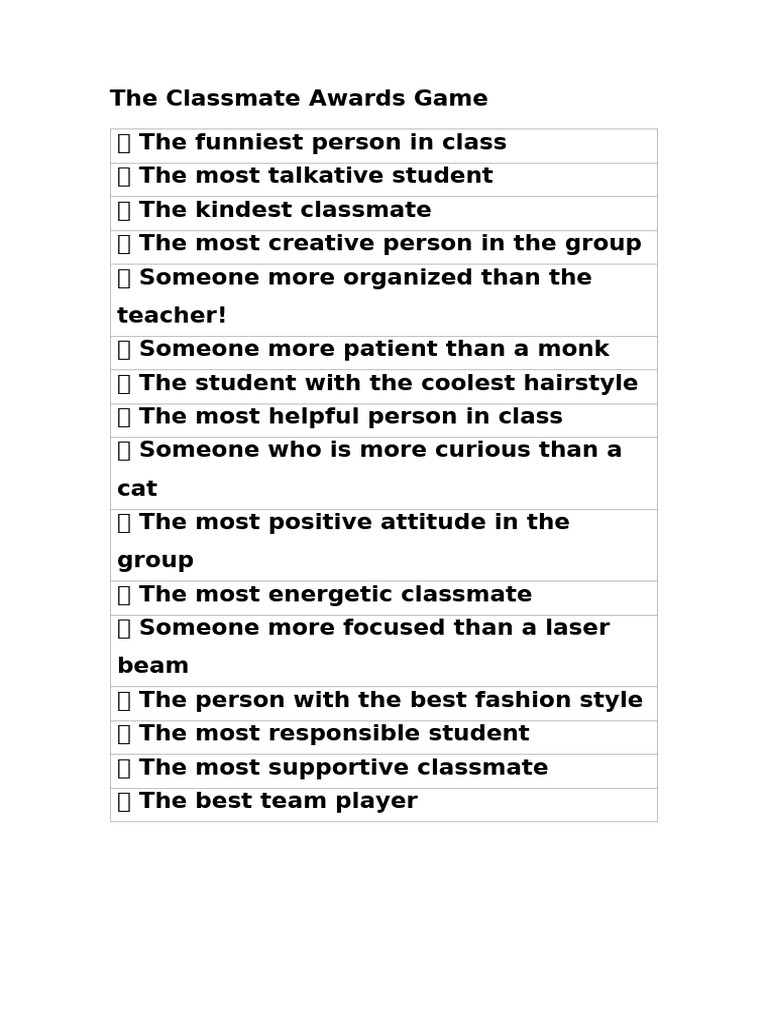 The Classmate Awards Game | PDF