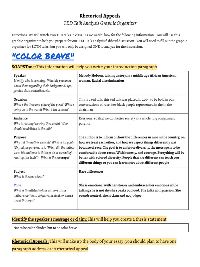 Elizabeth Lipps - TED Talk Analysis - Graphic Organizer 22-23 | PDF ...