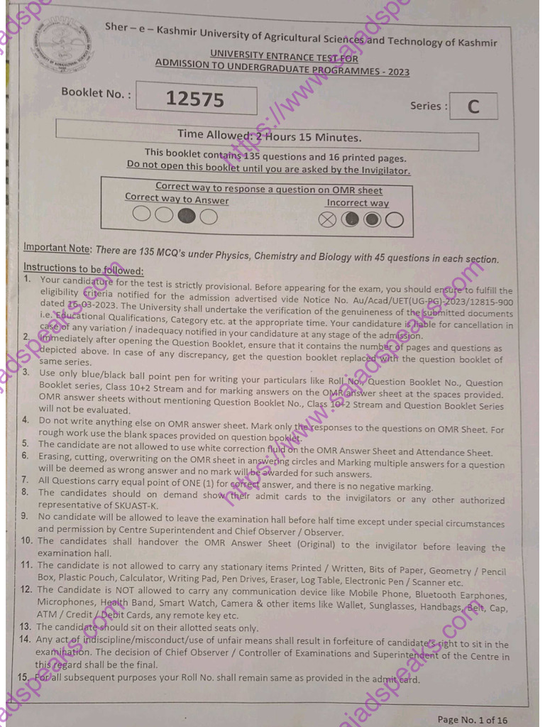 Skuast Kashmir Uet Paper 2023 | PDF