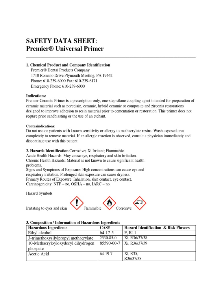 Premier Universal Primer Safety Data Sheet | PDF | Water | Ethanol