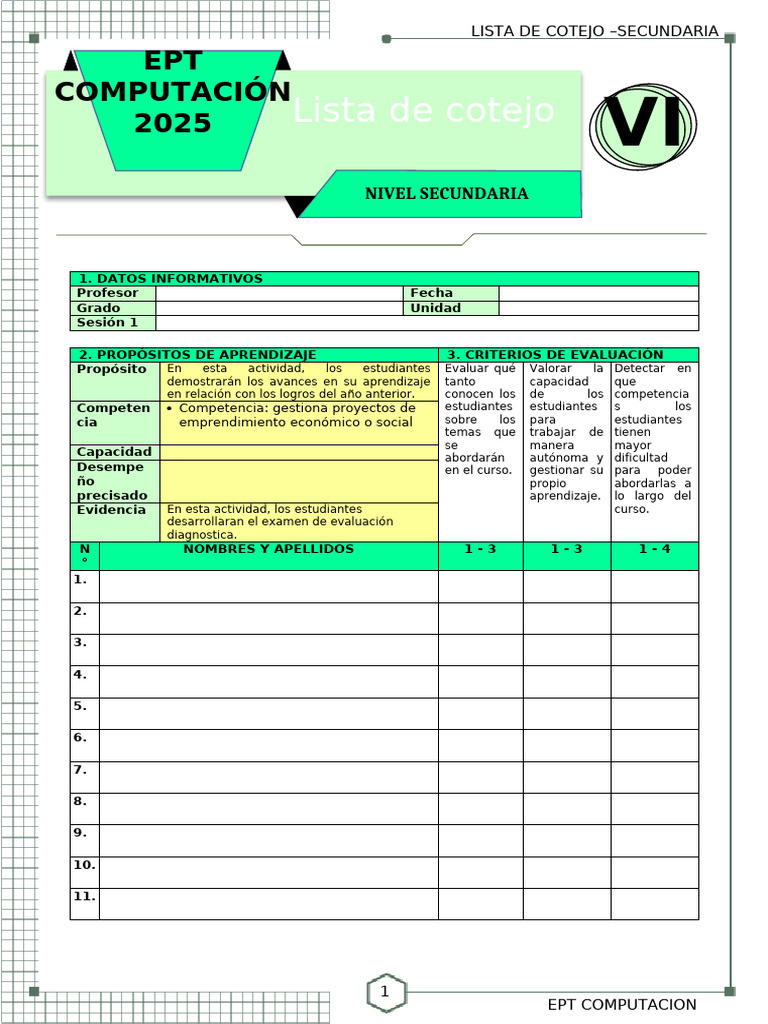 1º 2° Cotejo Sem 1 Uni 0 - Ept Computacion 2025 | PDF