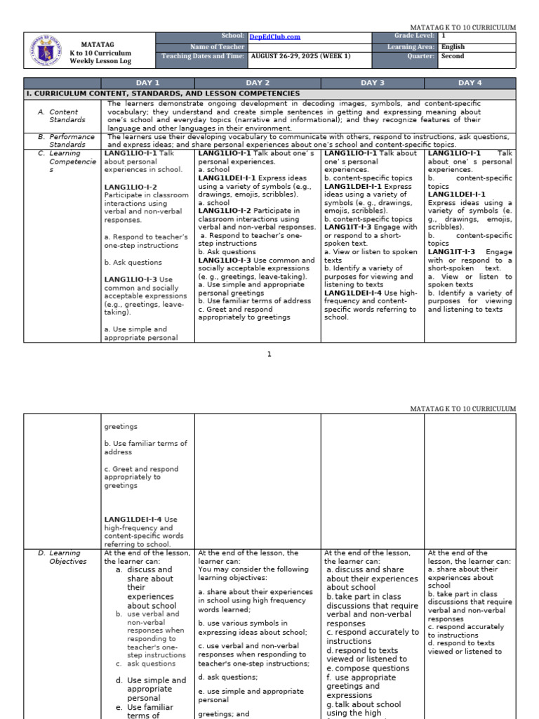DLL Matatag Language 1 q2 w1 | PDF | Nonverbal Communication | Curriculum