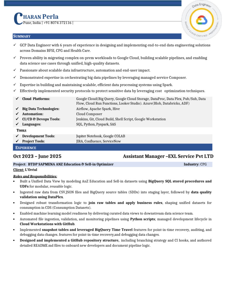 Charan Perla Reddy - GCP Data Engineer | PDF | Cloud Computing | Apache Spark