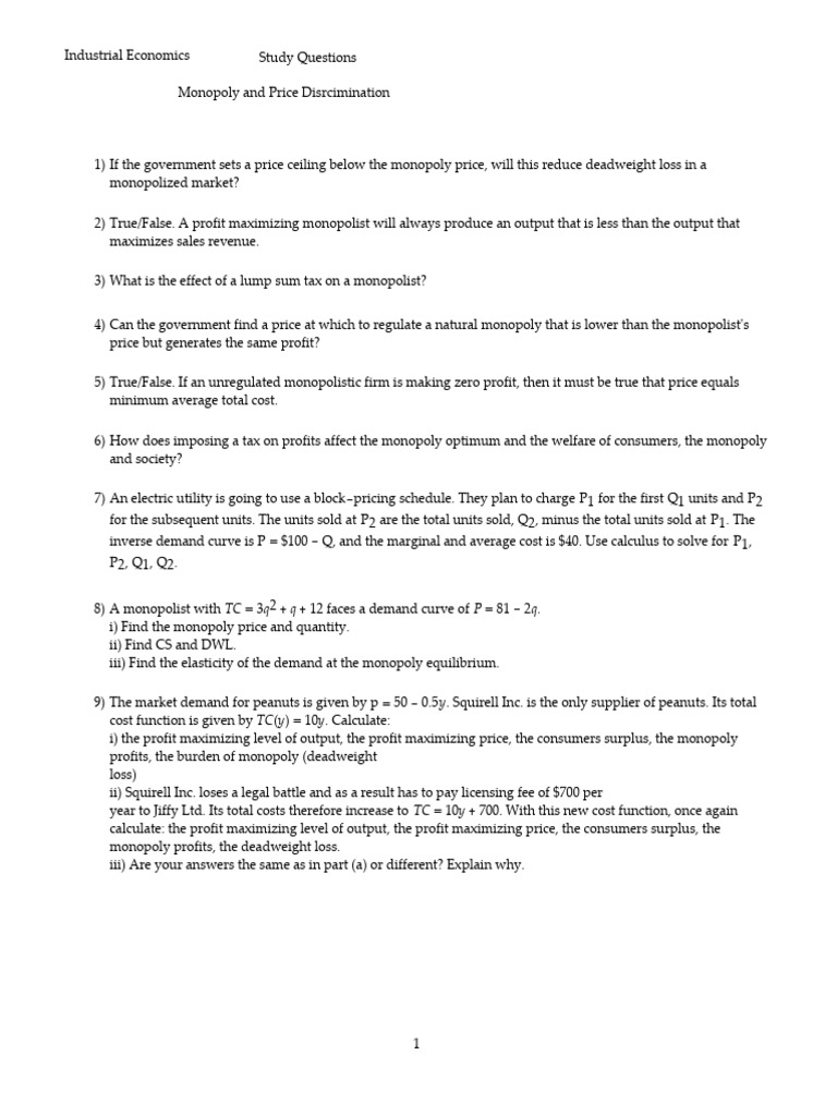 Sample Monopoly Qns Exercises | PDF | Monopoly | Profit (Economics)