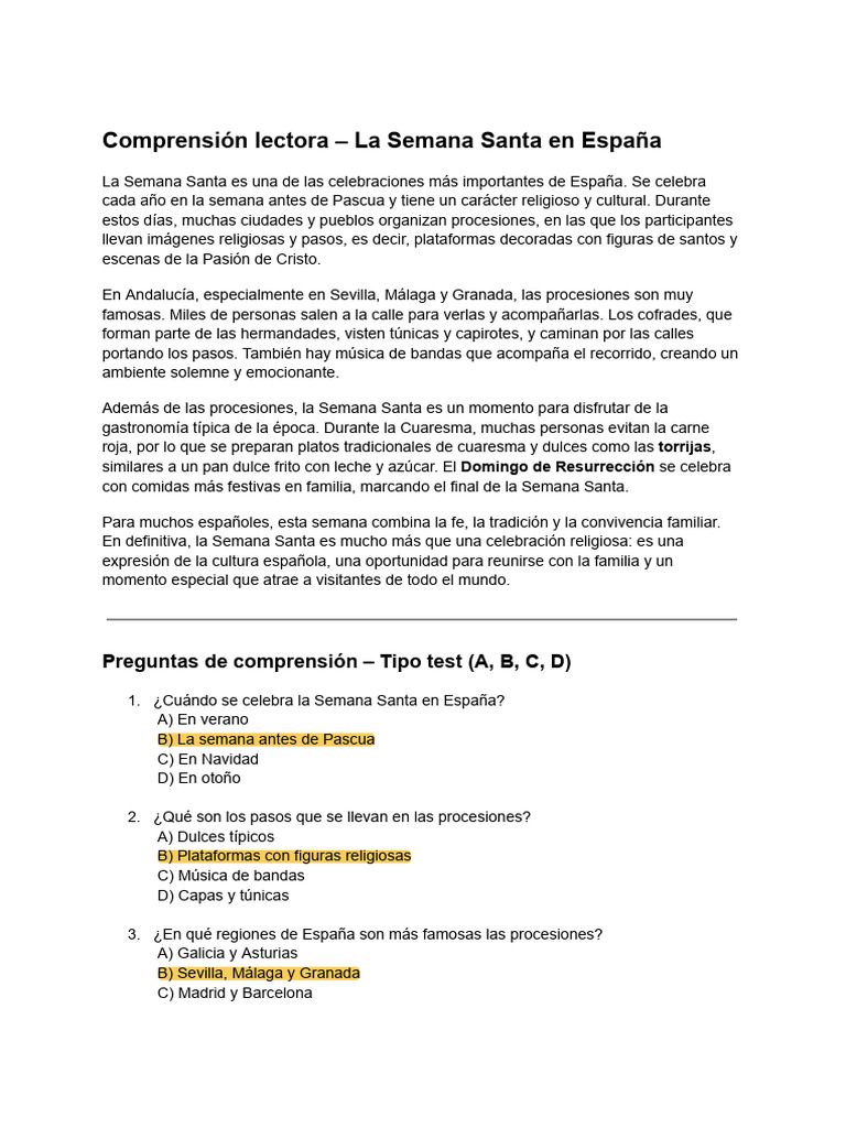 Comprensión Lectora - La Semana Santa en España | PDF | Adoración ...
