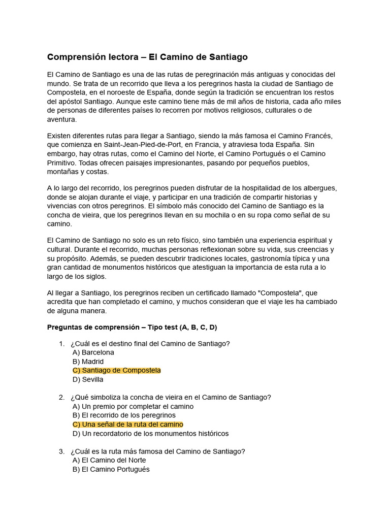 Comprensión Lectora - El Camino de Santiago | PDF