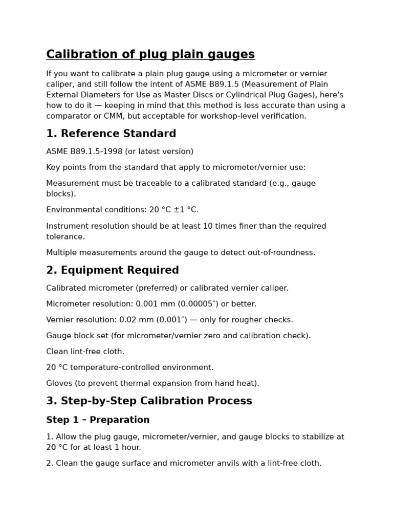 Plug Gauge Calibration Procedure | PDF | Calibration
