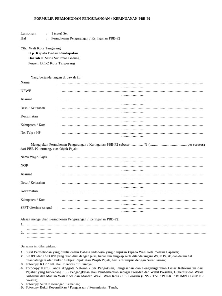 Permohonan Keringanan PBB-P2 Tangerang | PDF