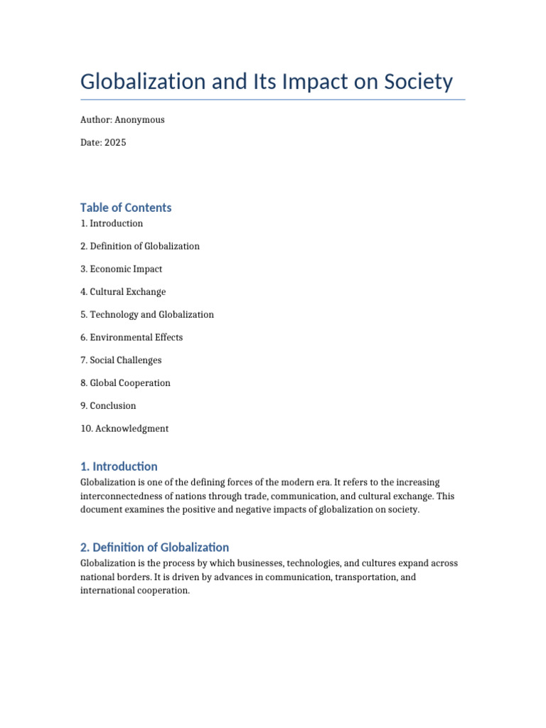 Impact of Globalization on Society | PDF | Globalization | Sustainability
