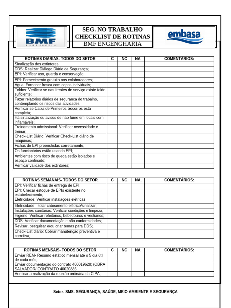 Checklist de Segurança do Trabalho BMF | PDF