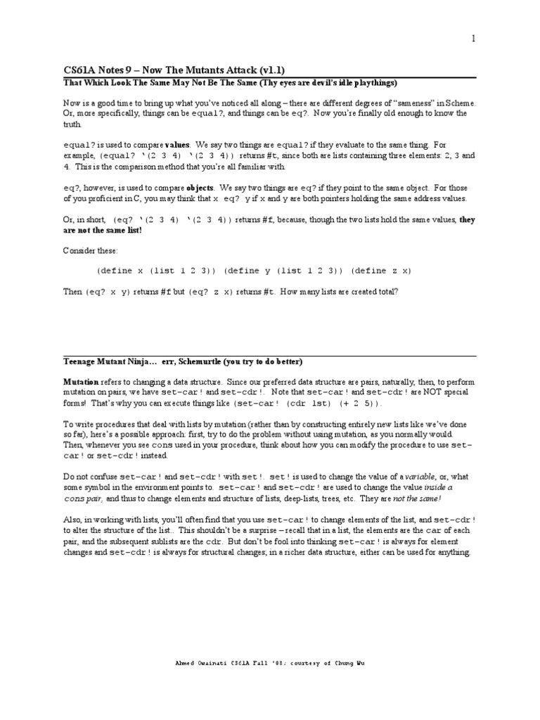 Cs61a Notes 9 Now The Mutants Attack V11 Pdf Array Data Structure Pointer Computer 2408