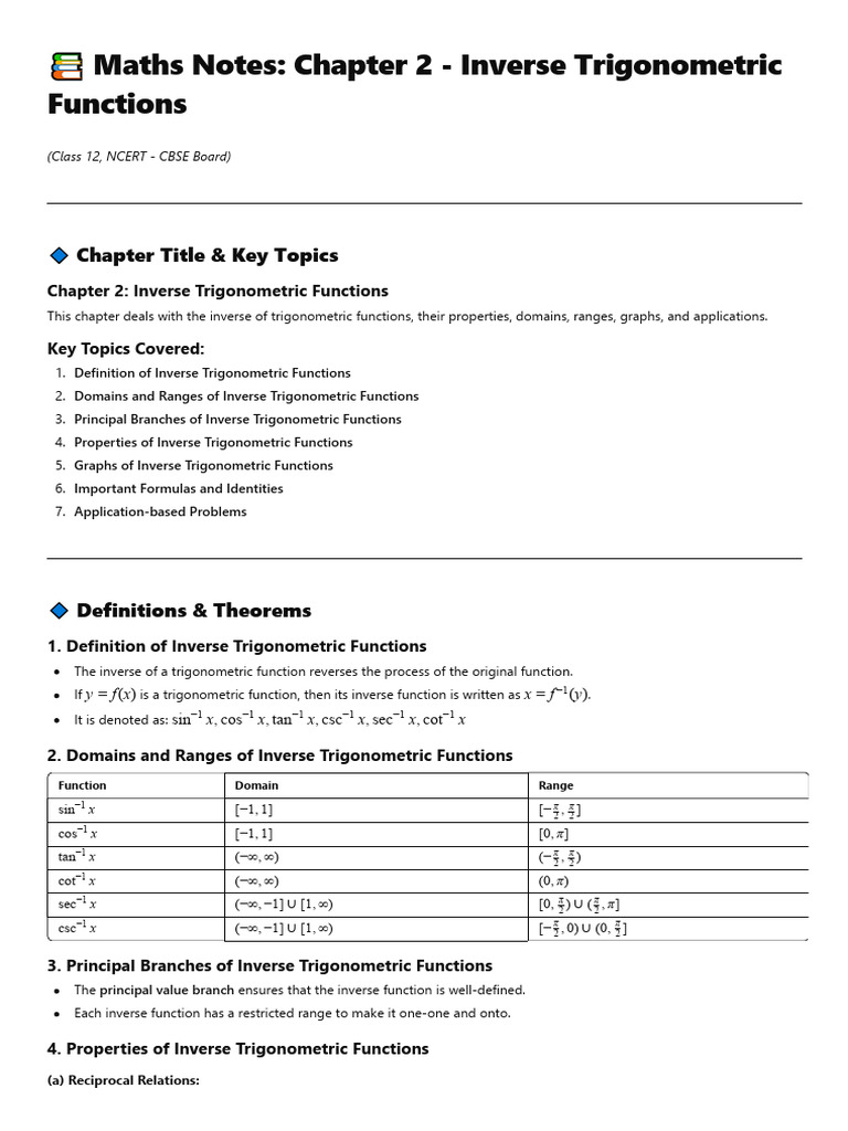 Inverse Trigonometric Functions Notes | PDF | Function (Mathematics ...