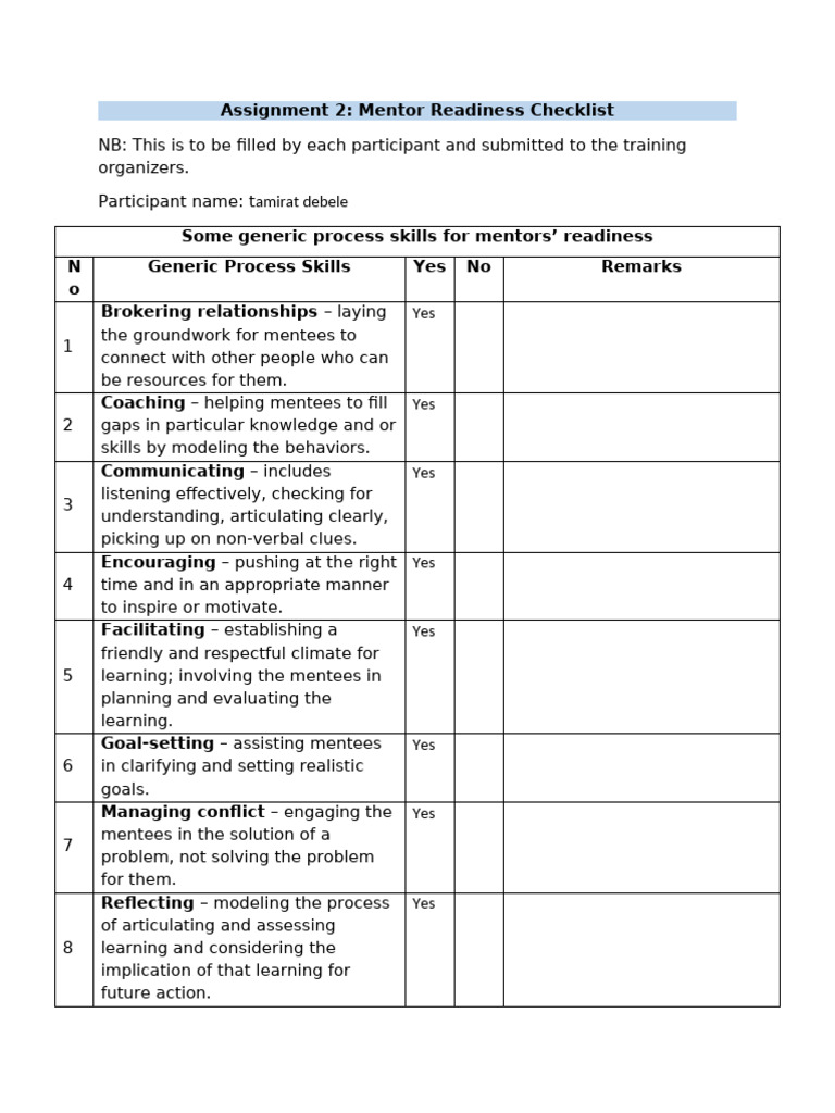 Mentor Readiness Checklist Template | PDF