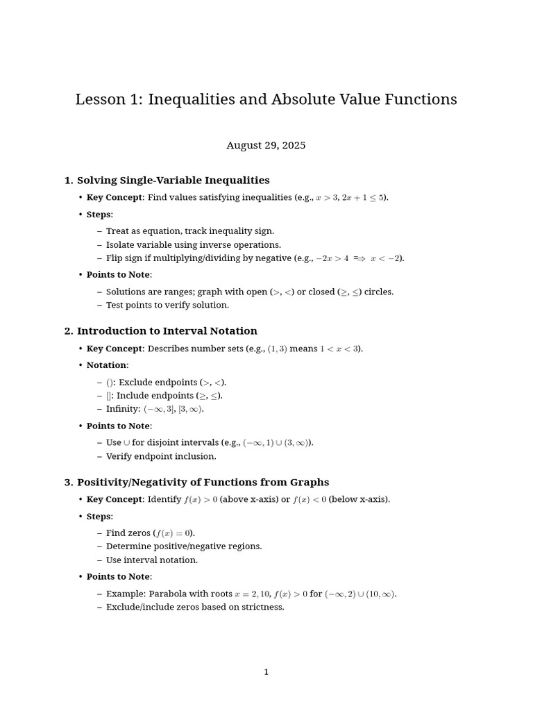 Lesson 1 Inequalities and Absolute Value Notes | PDF | Inequality ...